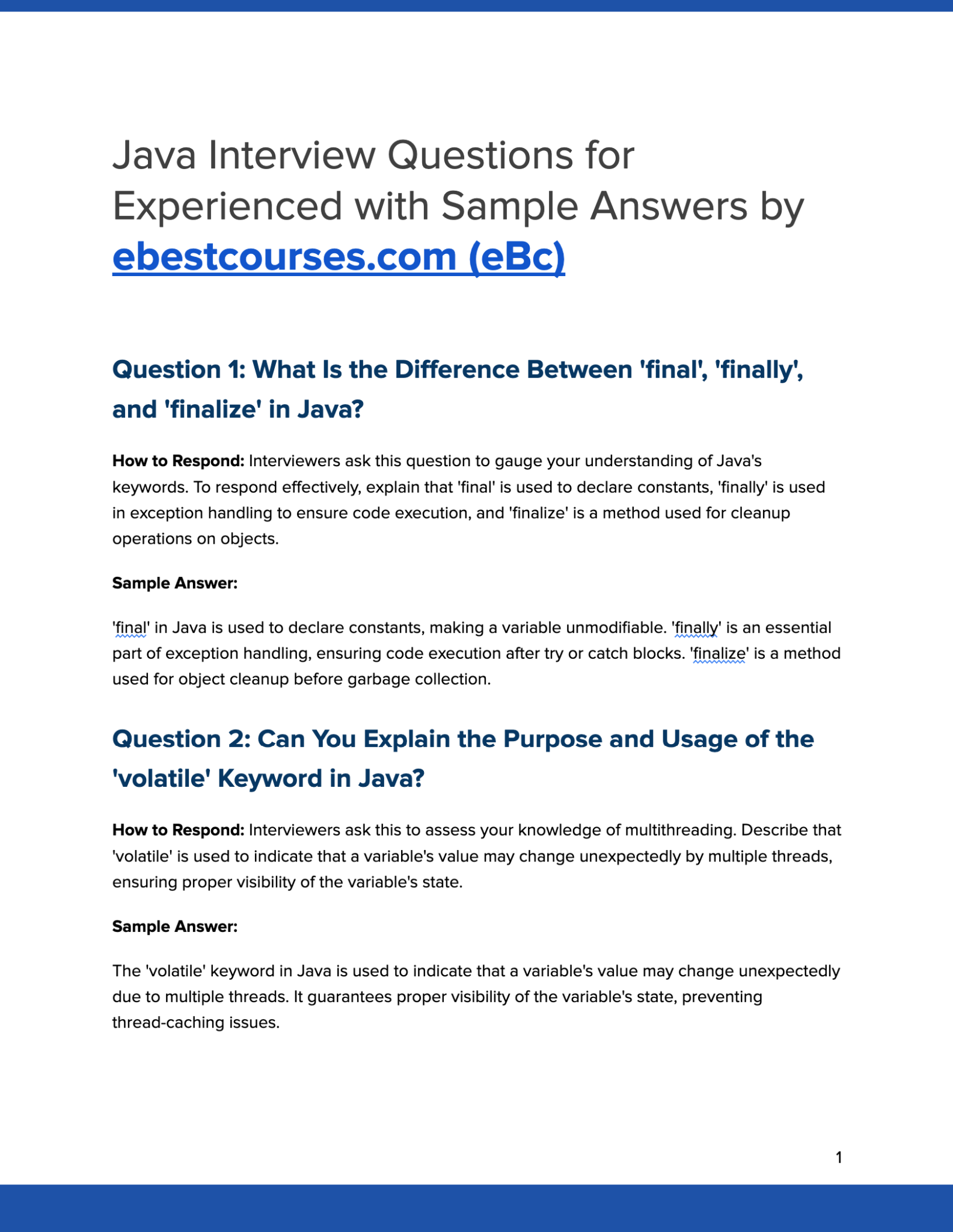 50 Java Interview Questions For Experienced With Sample Answers And How To Respond Guide Pdf